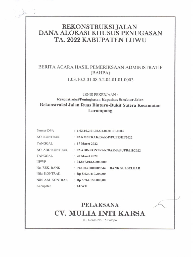 Cv. Mulia Inti Karsa (Binturu-Bukit | PDF