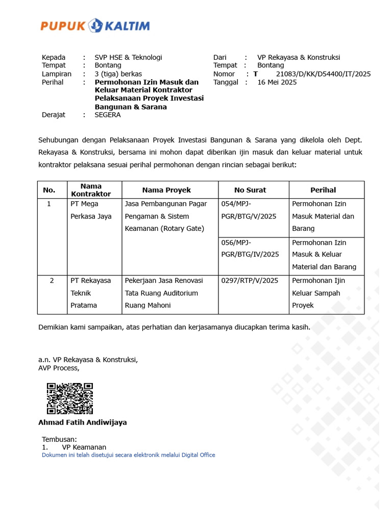 Permohonan Izin Masuk Dan Keluar Material Kontraktor Pelaksanaan Proyek ...