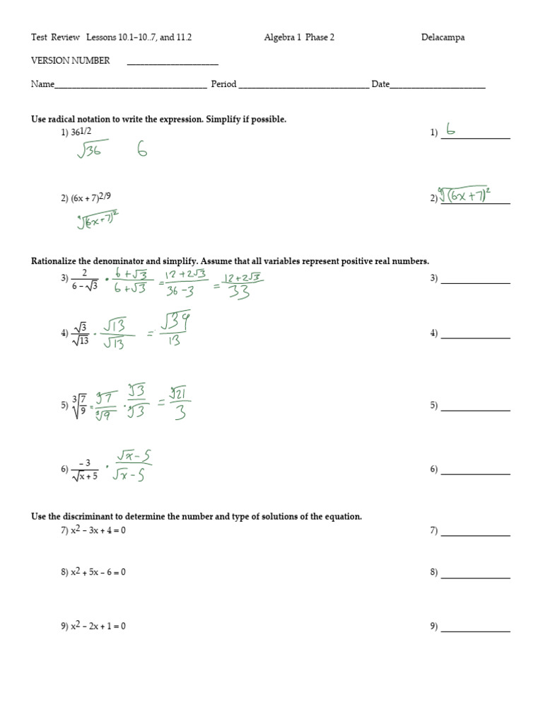 5-14-25 - Test Review Alg1phase 2 Lessons 10.1-10.7 and 11.2 | PDF ...
