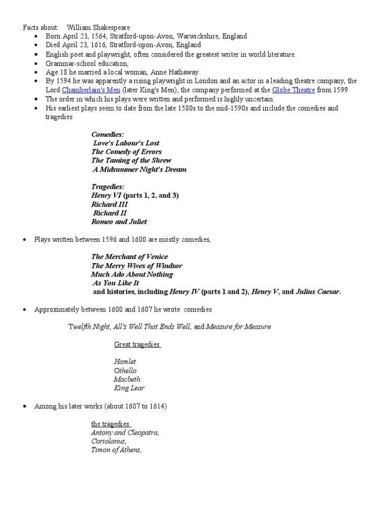 William Shakespeare: Life and Works Overview | PDF | Art | History