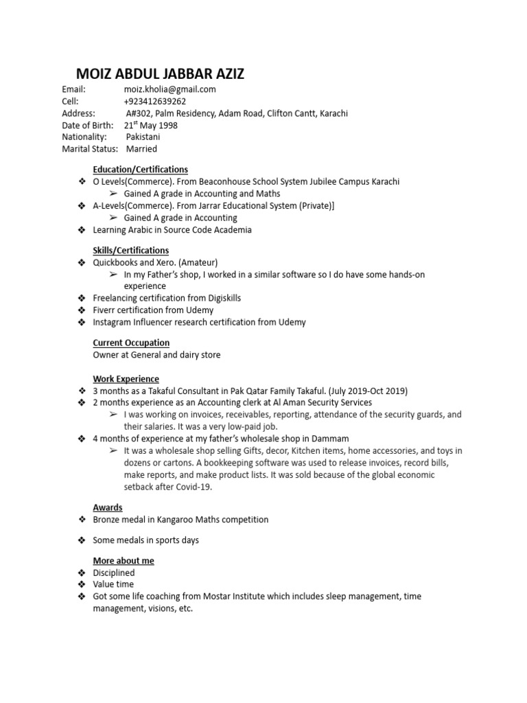 Moiz Abdul Jabbar CV | PDF