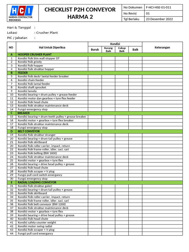 Checklist P2H Conveyor Harma 2 | PDF