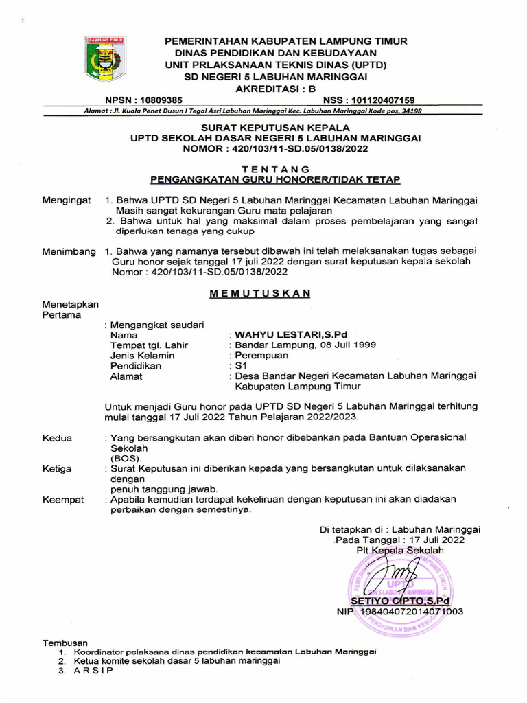 SK 2022 Wahyu Lestari | PDF