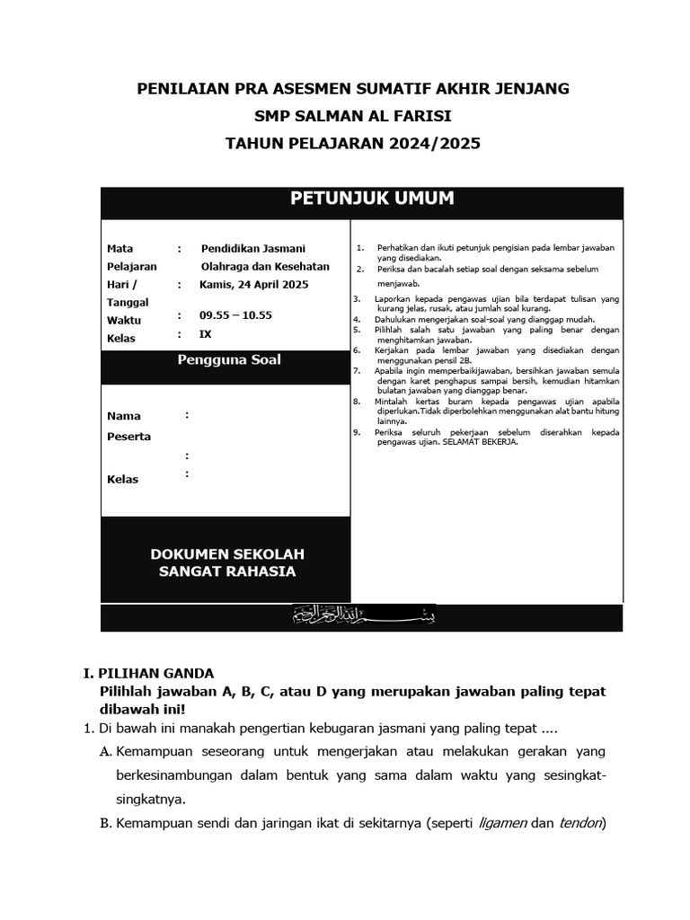 Soal Pra Asaj Pjok Ix Tp.2024-2025 | PDF