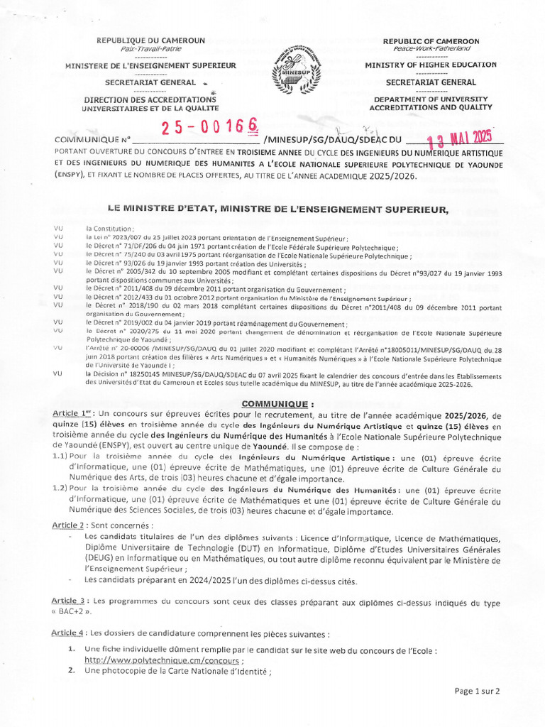 Concours ENSPY - Session 2025 - AN-HN3 | PDF