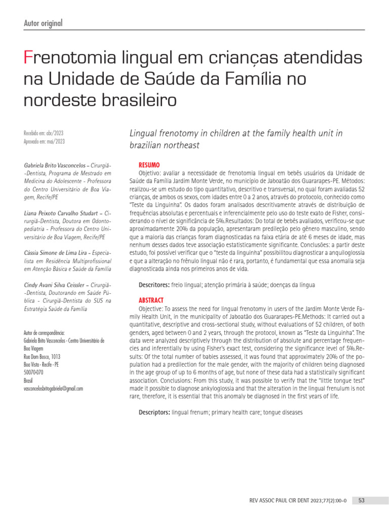 Artigo 05 - Frenotomia lingual em crianças atendidas - fluxo 2521 | PDF ...