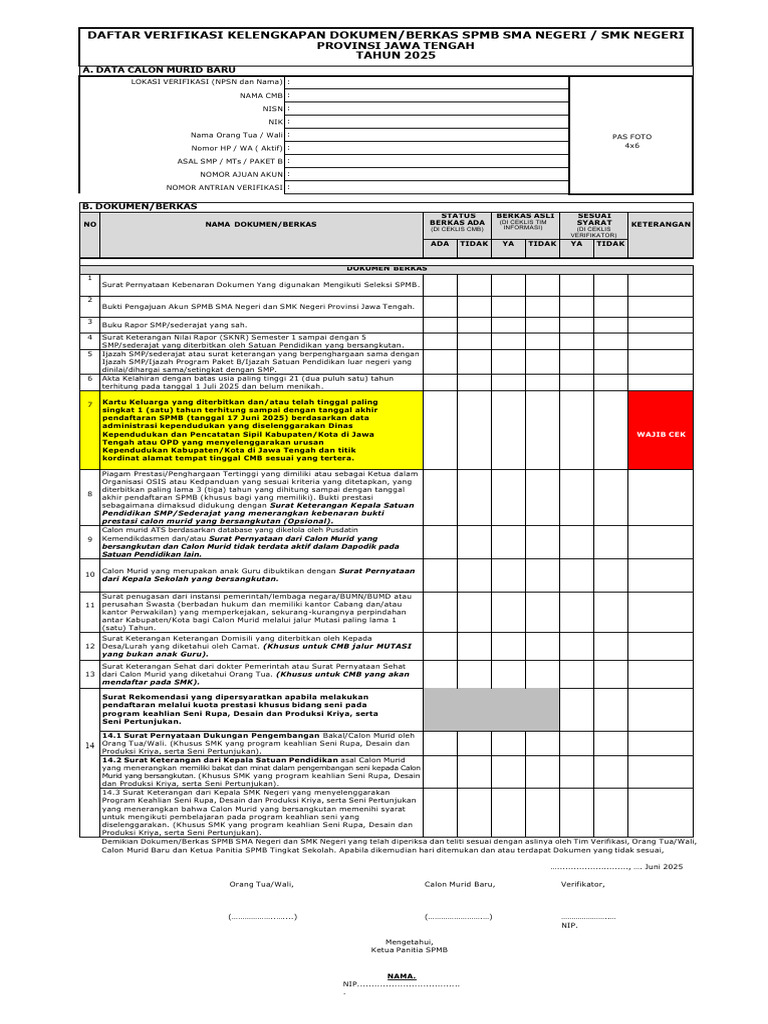 Cheklis Verifikasi Berkas SPMB Sma SMK Negeri 2025 | PDF