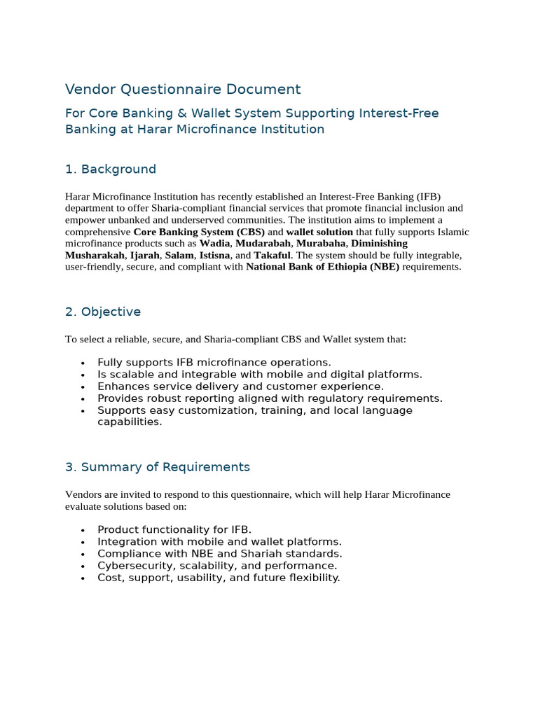 Vendor Questionnaire For Interest-Free Banking Core System | PDF ...