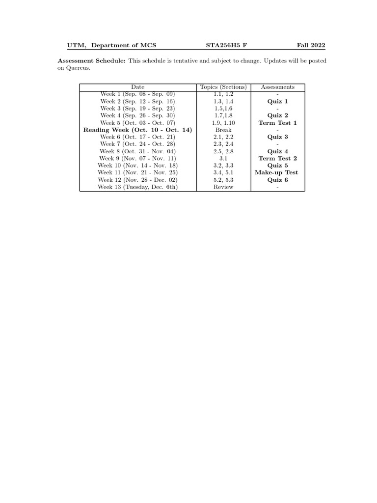 STA256 Tentative Schedule | PDF