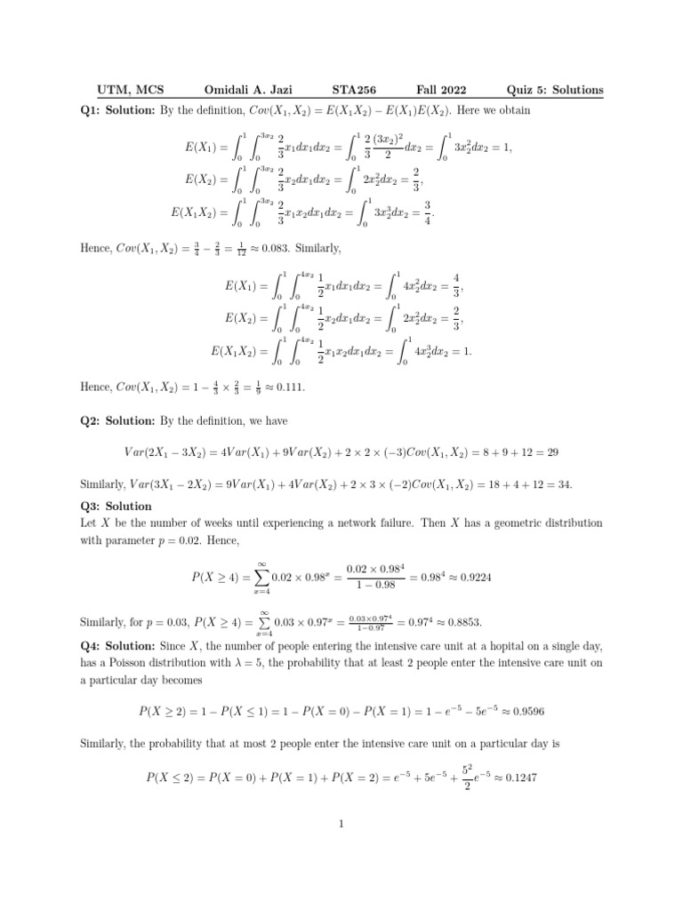 STA256 Fall2022 Quiz5 Solutions | PDF | Probability Theory | Mathematics