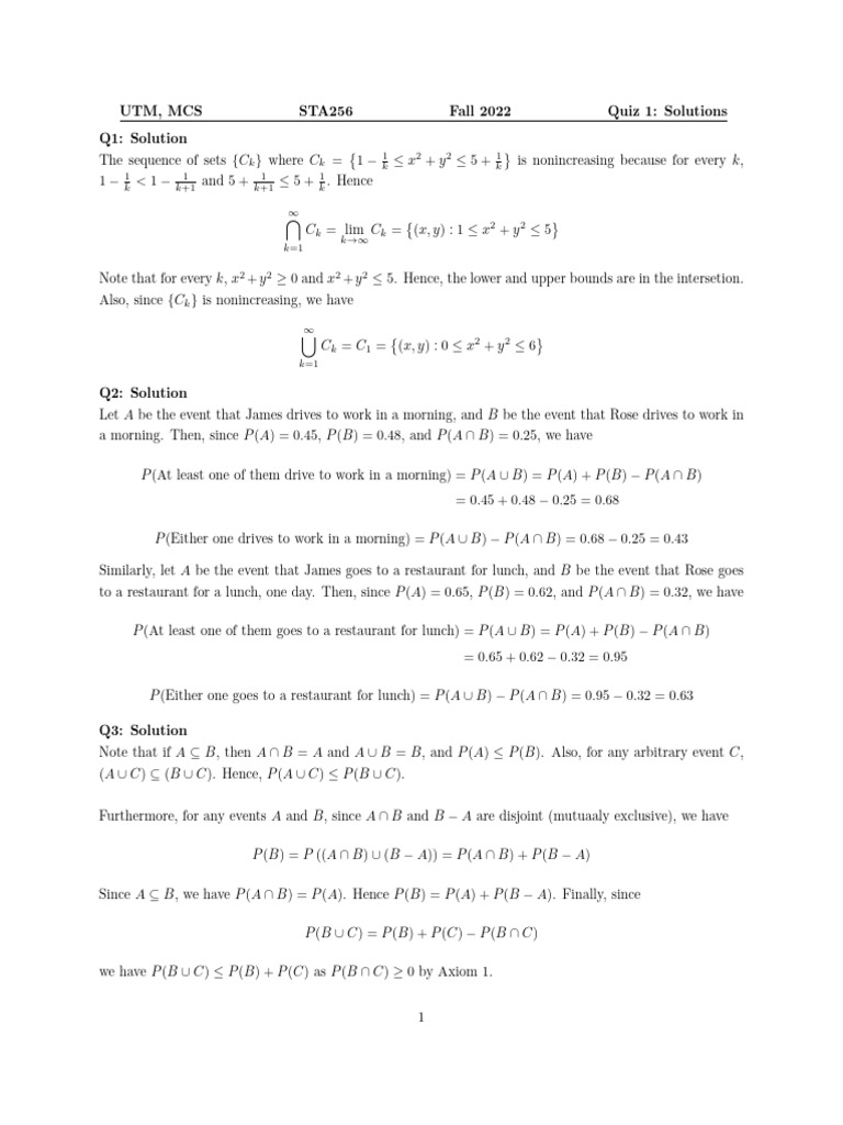 STA256 Fall2022 Quiz1 Solutions | PDF