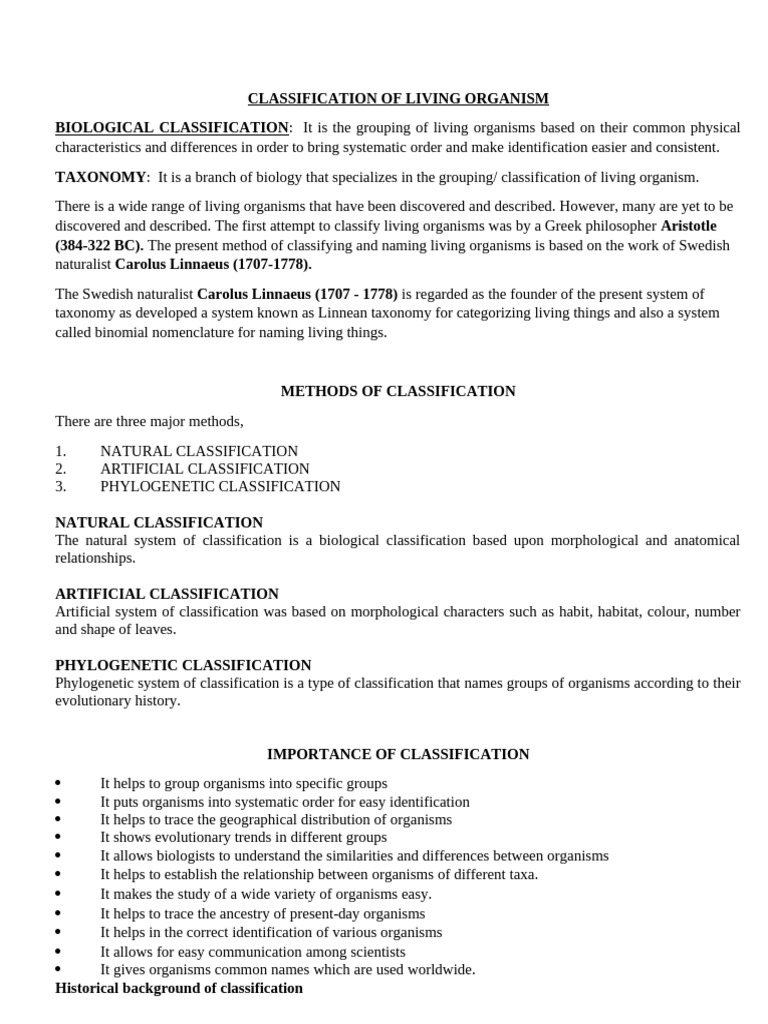 Classification of Living Organisms | PDF | Taxonomy (Biology ...