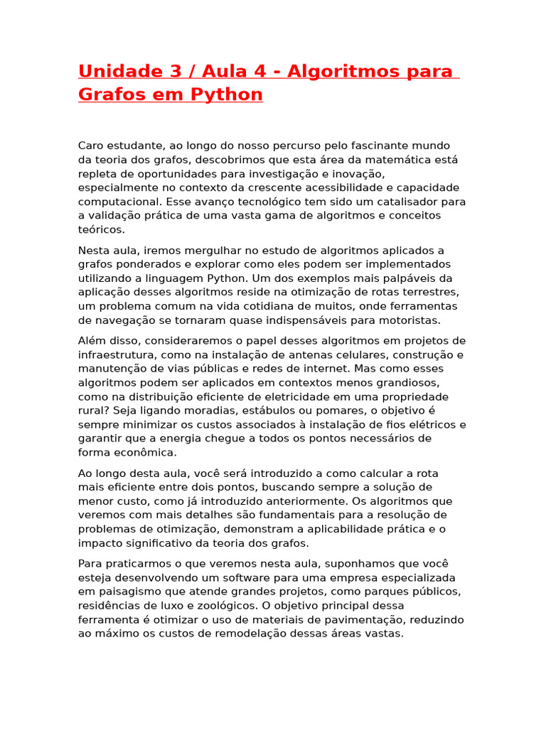 Unidade 3 . Aula 4 - Algoritmos para Grafos em Python - Word | PDF | Teoria dos Gráficos ...