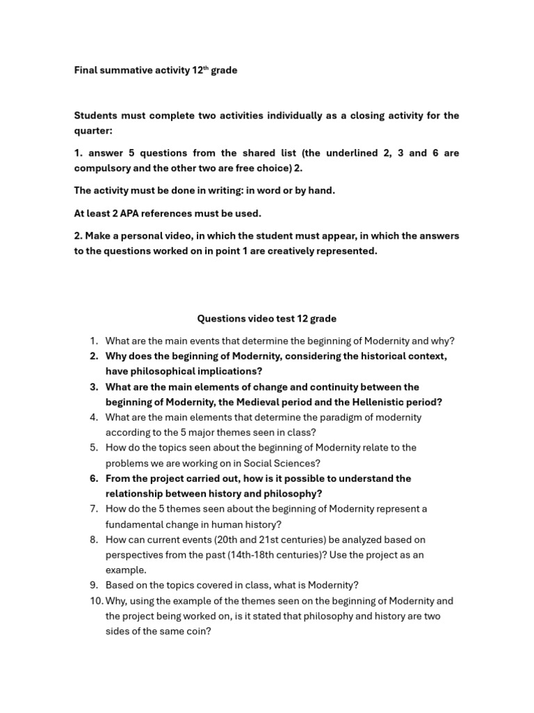 12th Grade Modernity Summative Activity | PDF