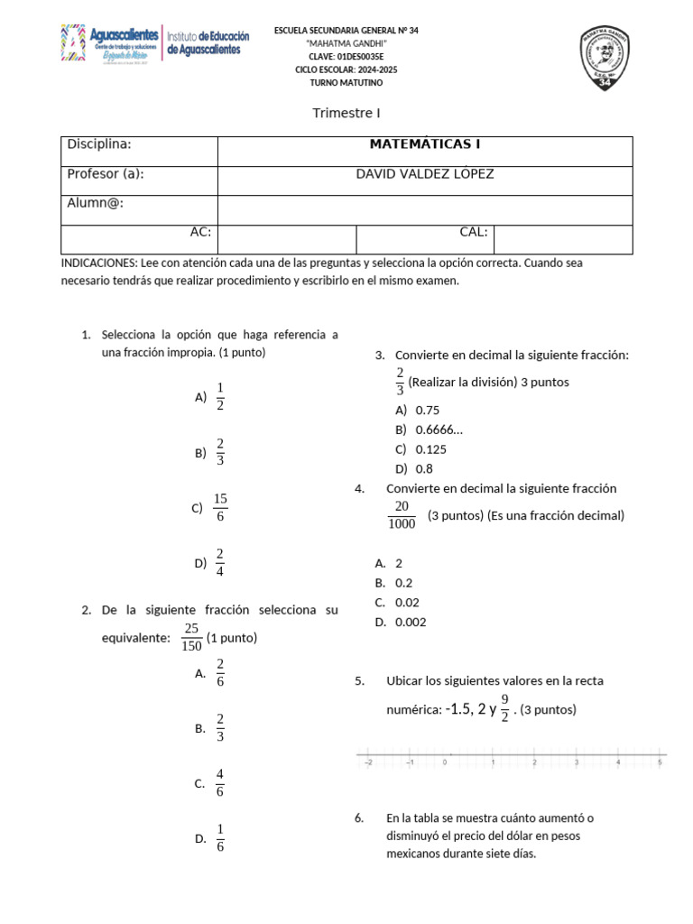 Examen Trimestral I Matemáticas David Valdez López | PDF