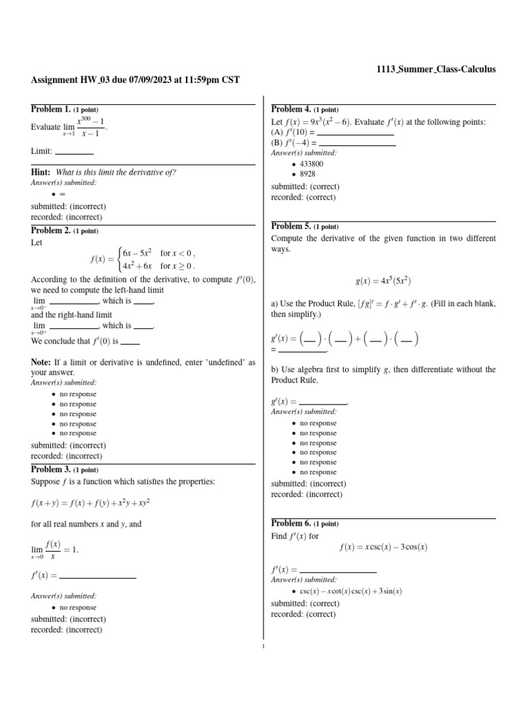 1113 Summer Class-Calculus.00868146.HW 03 | PDF