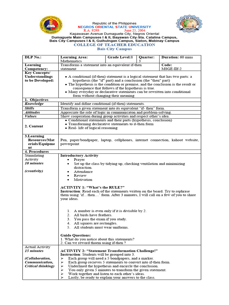 GRADE 8 LESSON PLAN-final | PDF | Group (Mathematics) | Rectangle