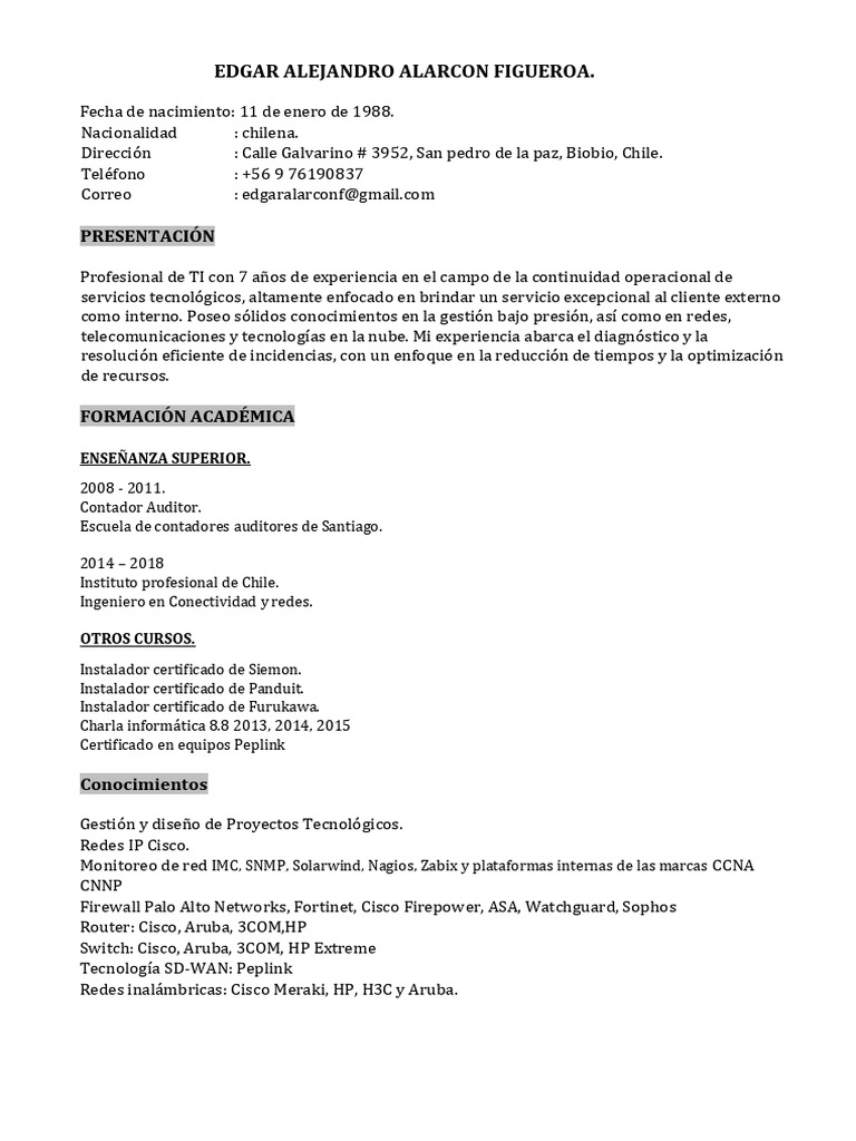 Curriculum-Vitae-Edgar Alarcon | PDF | Enrutador (Computación) | Redes de computadoras
