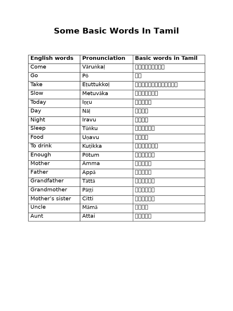 Some Basic Words in Tamil | PDF