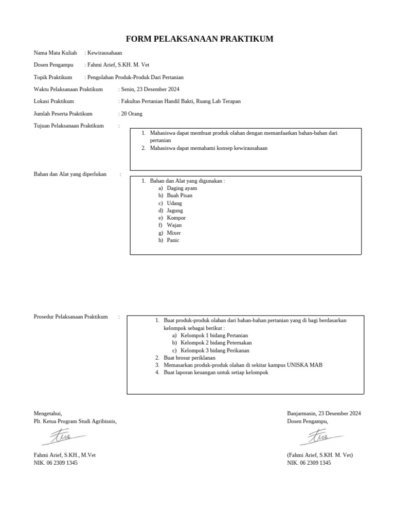 Form Pelaksanaan Praktikum | PDF
