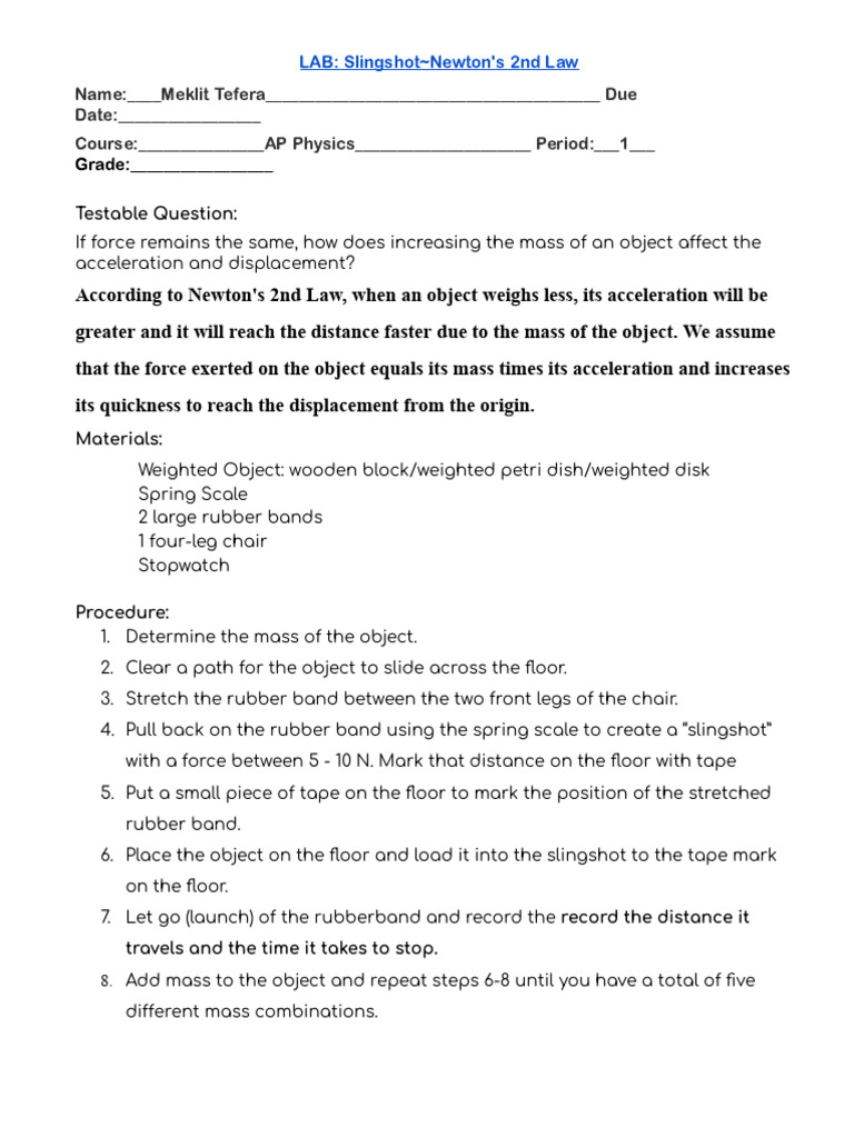 LAB - Slingshot Newton's 2nd Law | PDF | Force | Mass