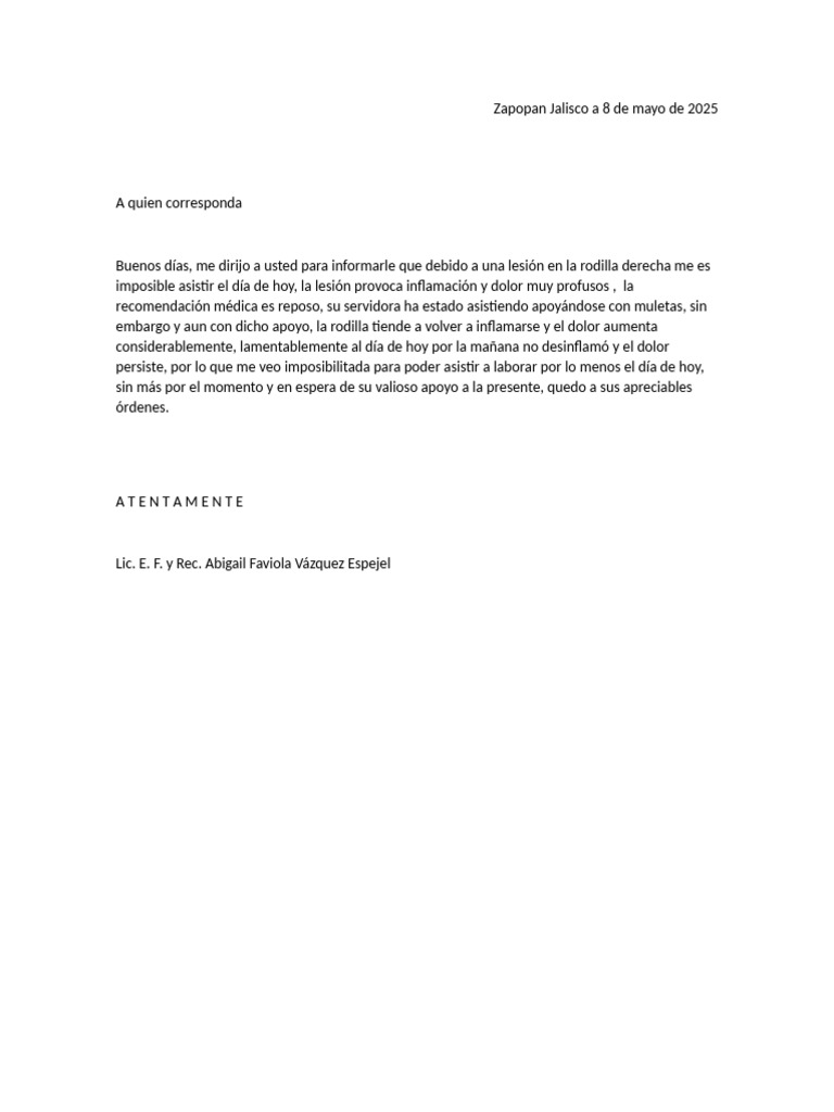 Carta Lesión Rodilla 8 de Mayo 2025 | PDF