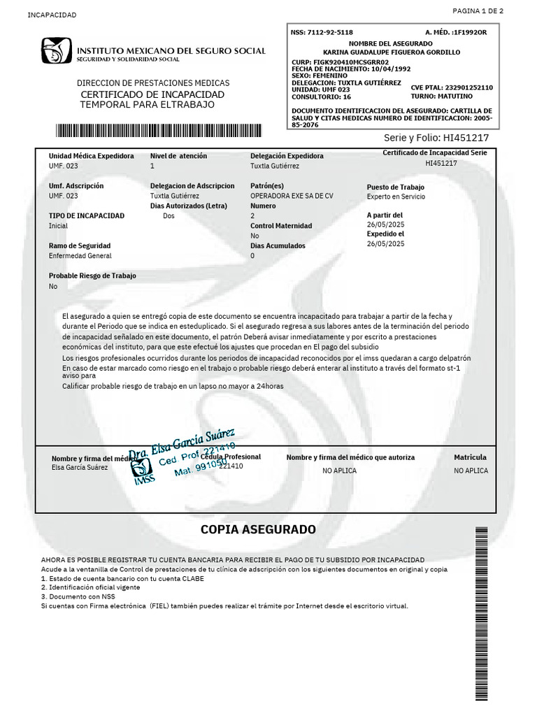 Certificado de Incapacidad Temporal IMSS | PDF