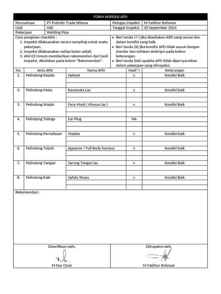 Prosedur Inspeksi APD Welding | PDF