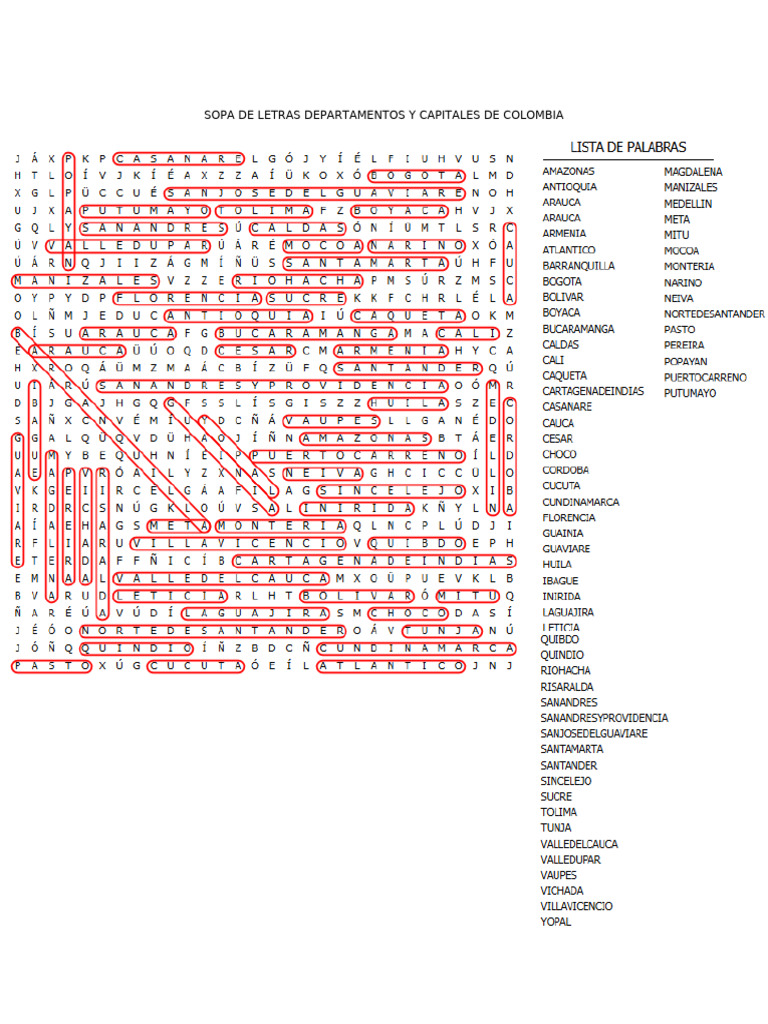 Sopa de Letras Departamentos y Capitales de Colombia | PDF