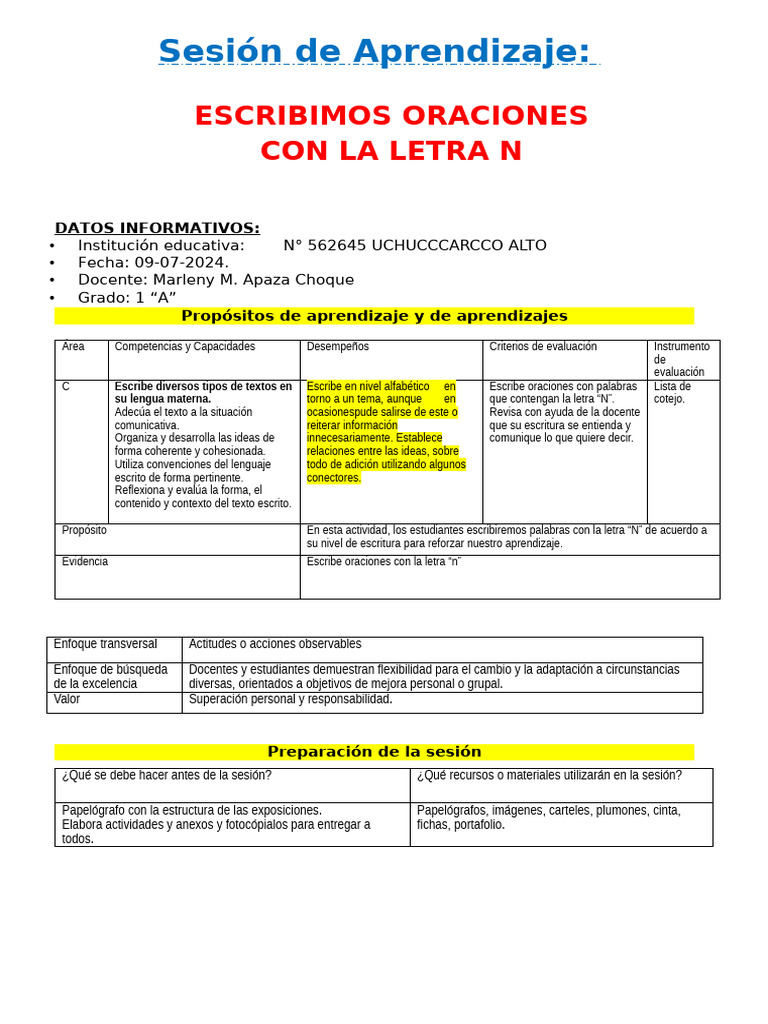 Oraciones con la letra N para niños | PDF | Evaluación | Aprendizaje