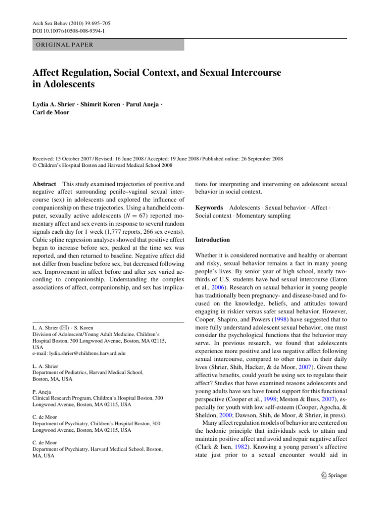 Affect Regulation, Social Context, and Sexual Intercourse | PDF | Adolescence | Sexual Intercourse