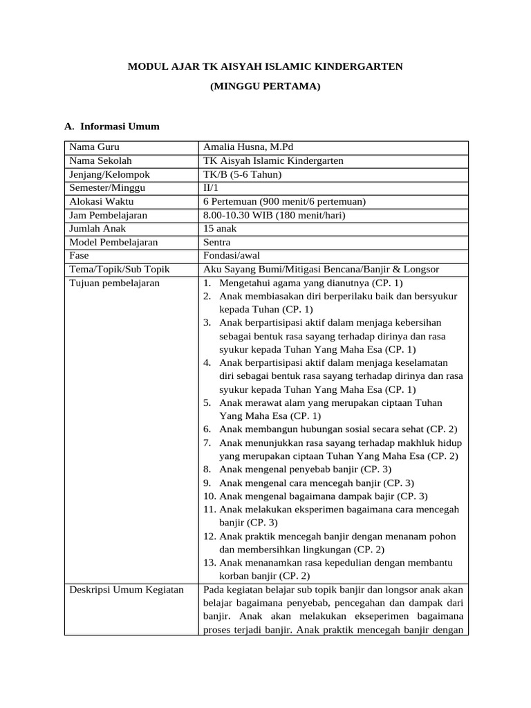 Modul Ajar Mitigasi Banjir TK Aisyah | PDF