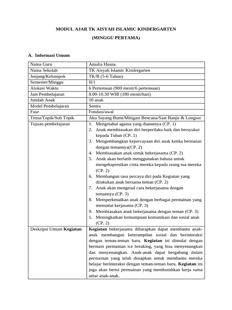 Modul Pembelajaran TK Aisyah | PDF