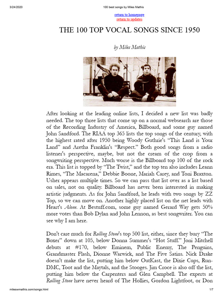 100 Best Songs by Miles Mathis | PDF | Musicians | Sound Recording