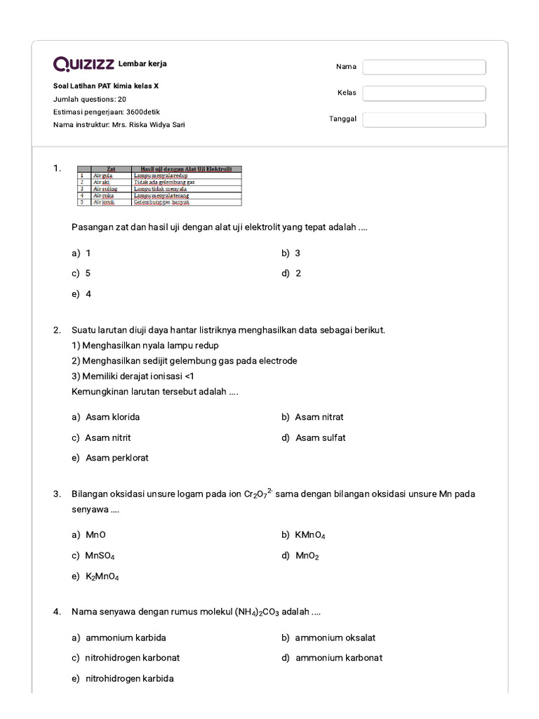 Soal Latihan PAT Kimia Kelas X - Quizizz | PDF