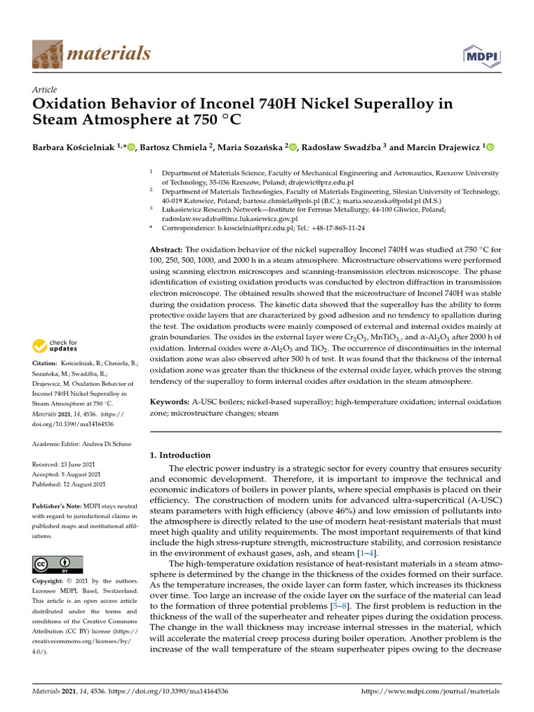 Inconel 740H Oxidation in Steam at 750°C | PDF | Crystallite | Chromium