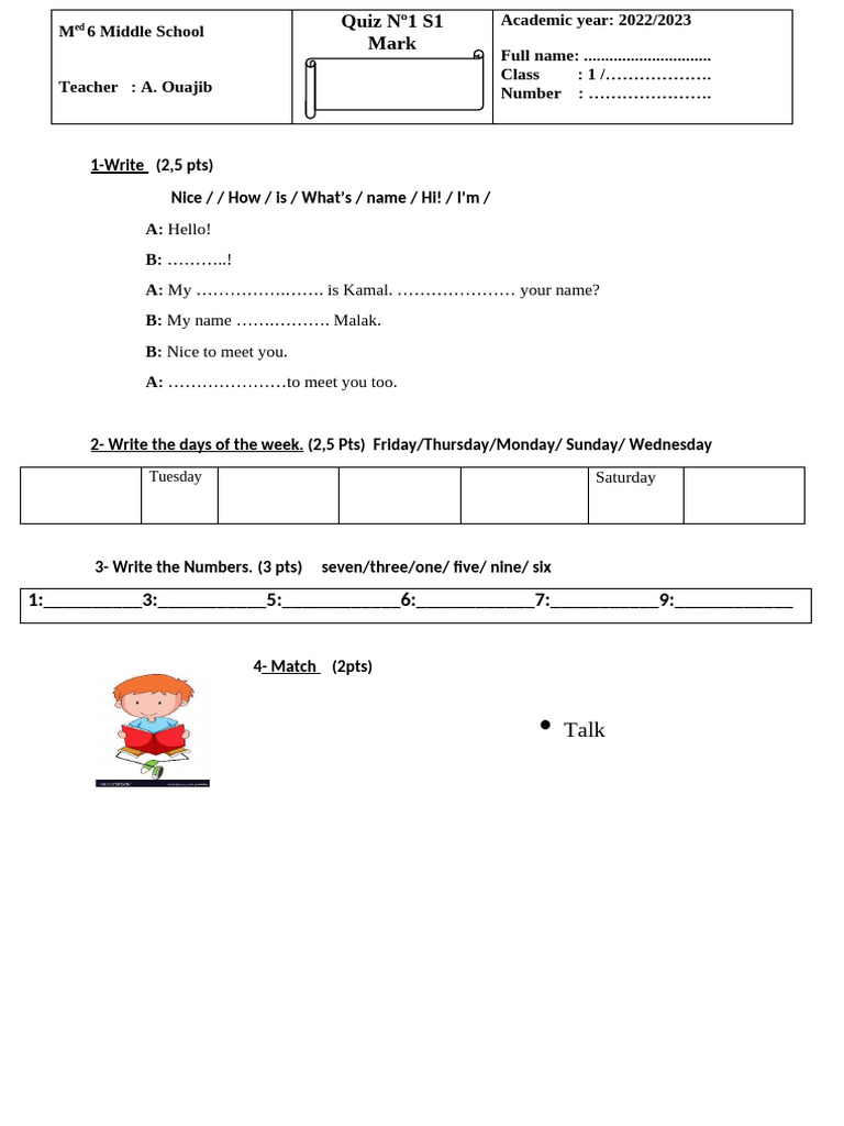 7th Grade 1st Quiz S1 | PDF