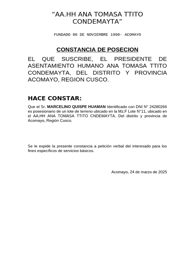Constancia de Posesion . | PDF