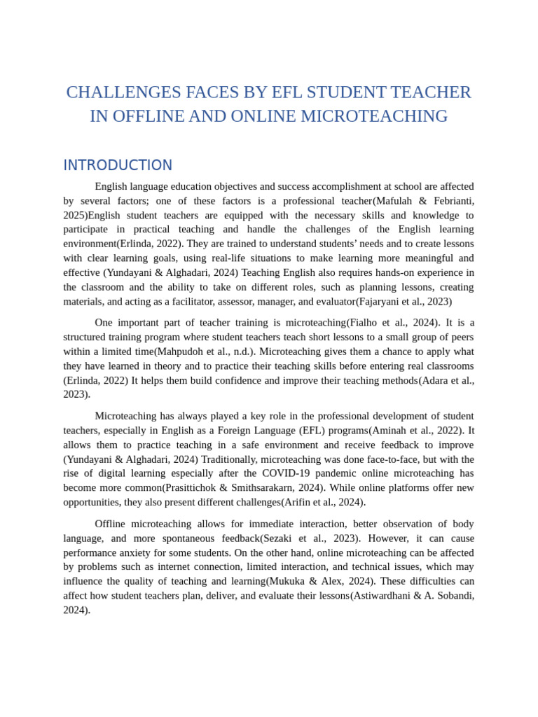 Challenges Faces by Efl Student Teacher in Offline and Online Microteaching | PDF | Teachers ...