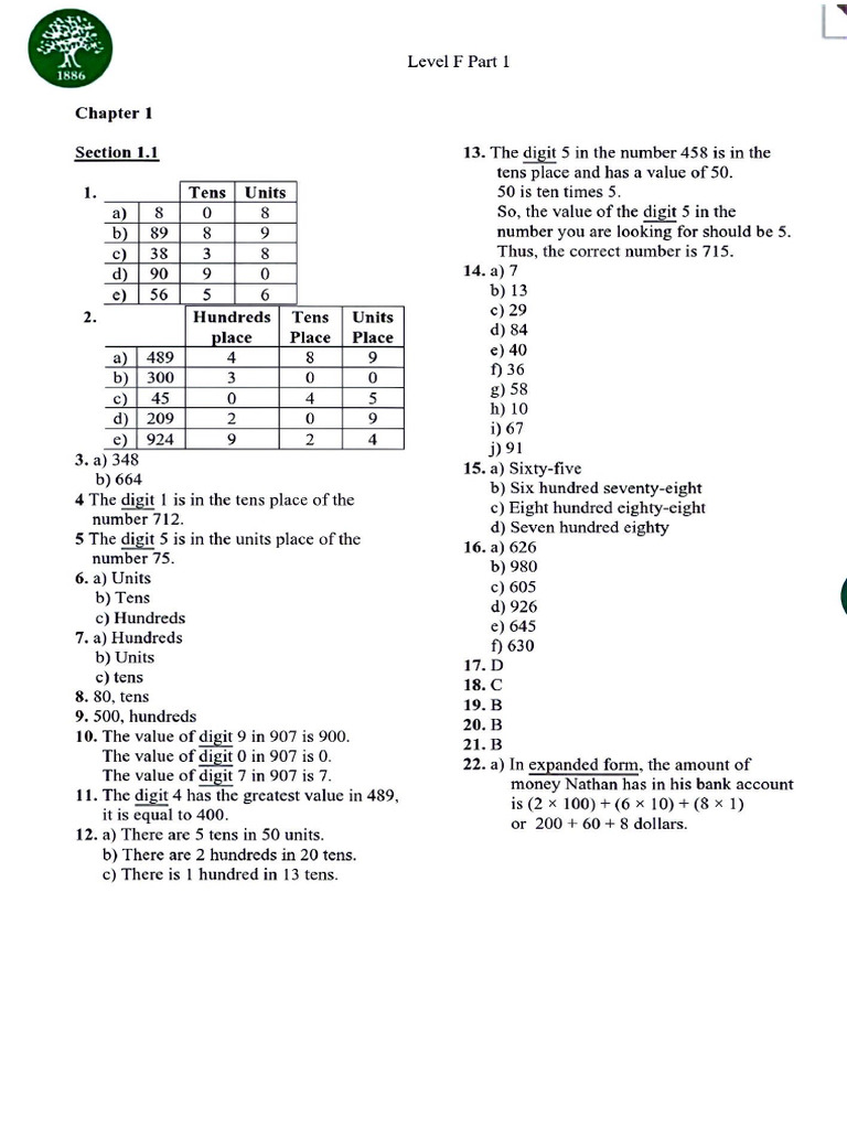Level F Mathematics WB Part 1 Answers | PDF