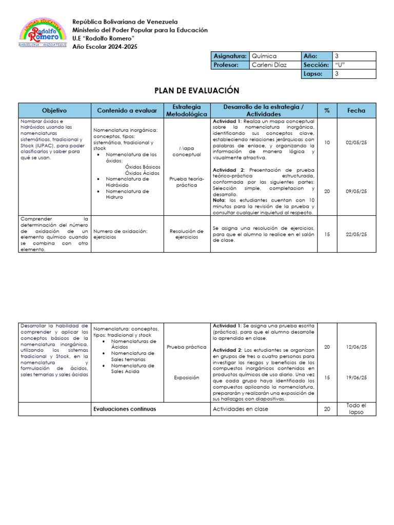 Plan de Evaluación - Química 3er Año - III Lapso | PDF | Química Inorgánica | Química