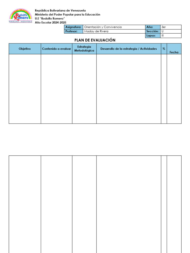 Plan de Evaluación - Orientación y Convivencia 3er Año - III Lapso | PDF | Aprendizaje | Cognición