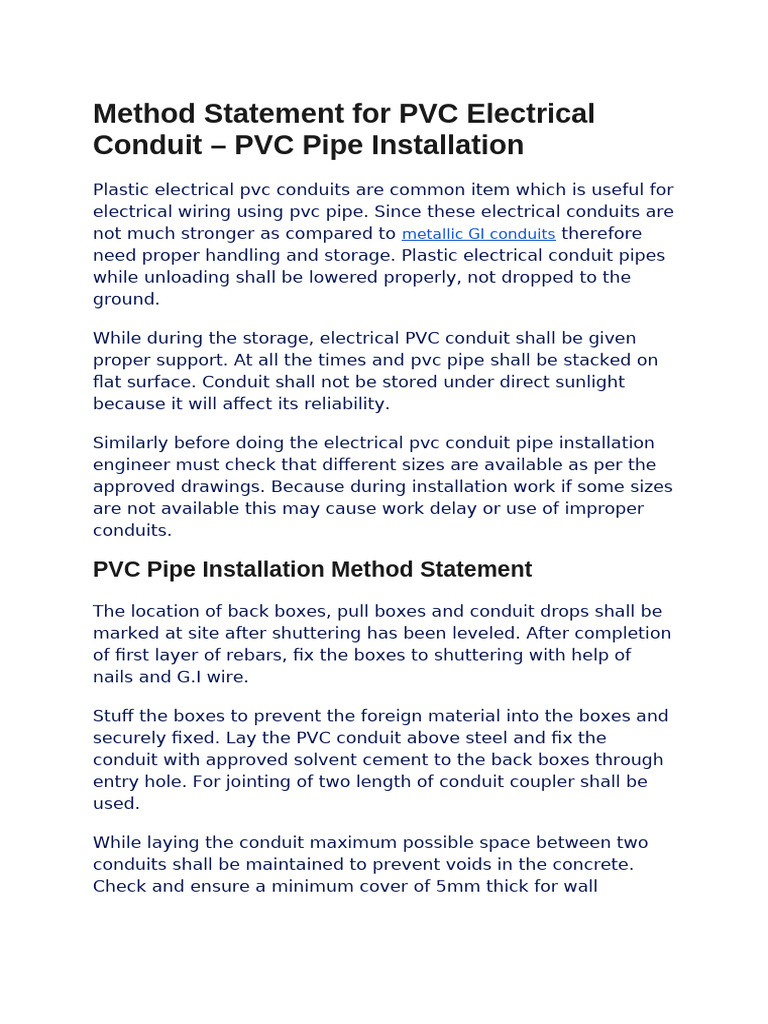 Method Statement For PVC Electrical Conduit - PVC Pipe Installation ...