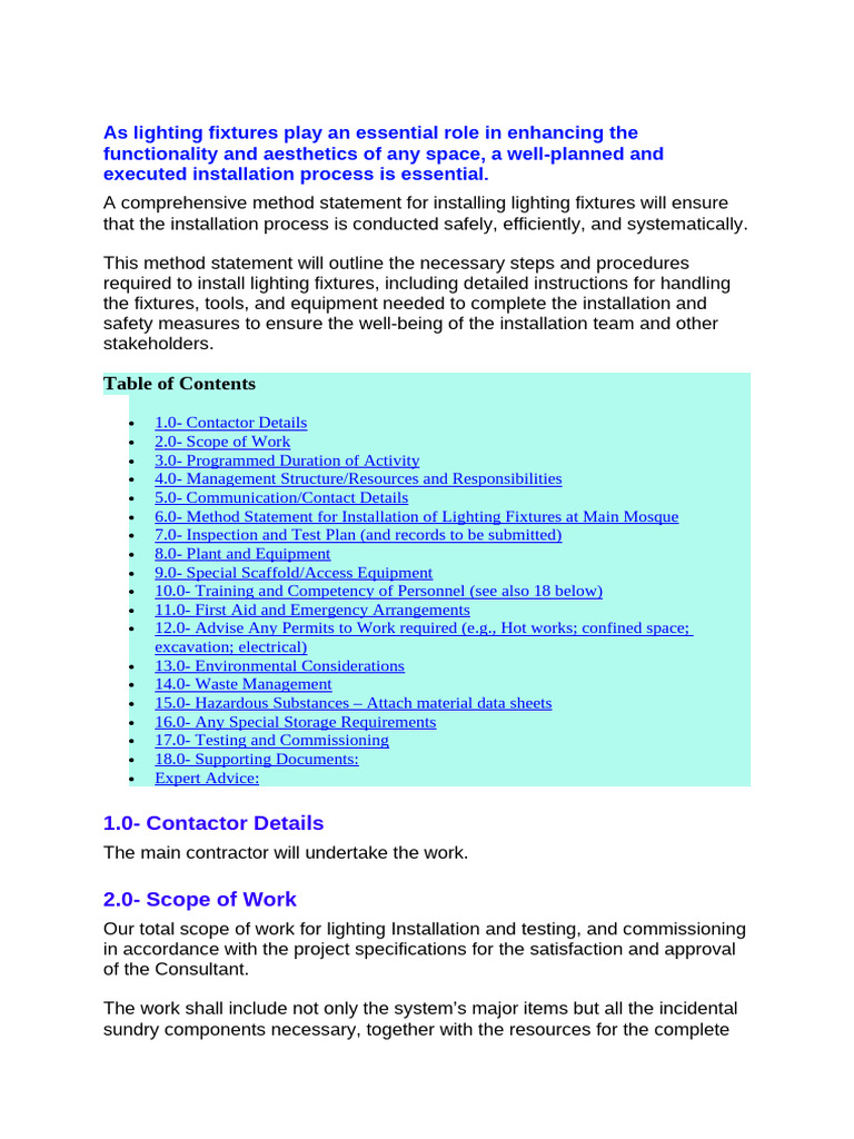 Method Statement For Lighting Fixtures | PDF | Lighting | Electrical Wiring