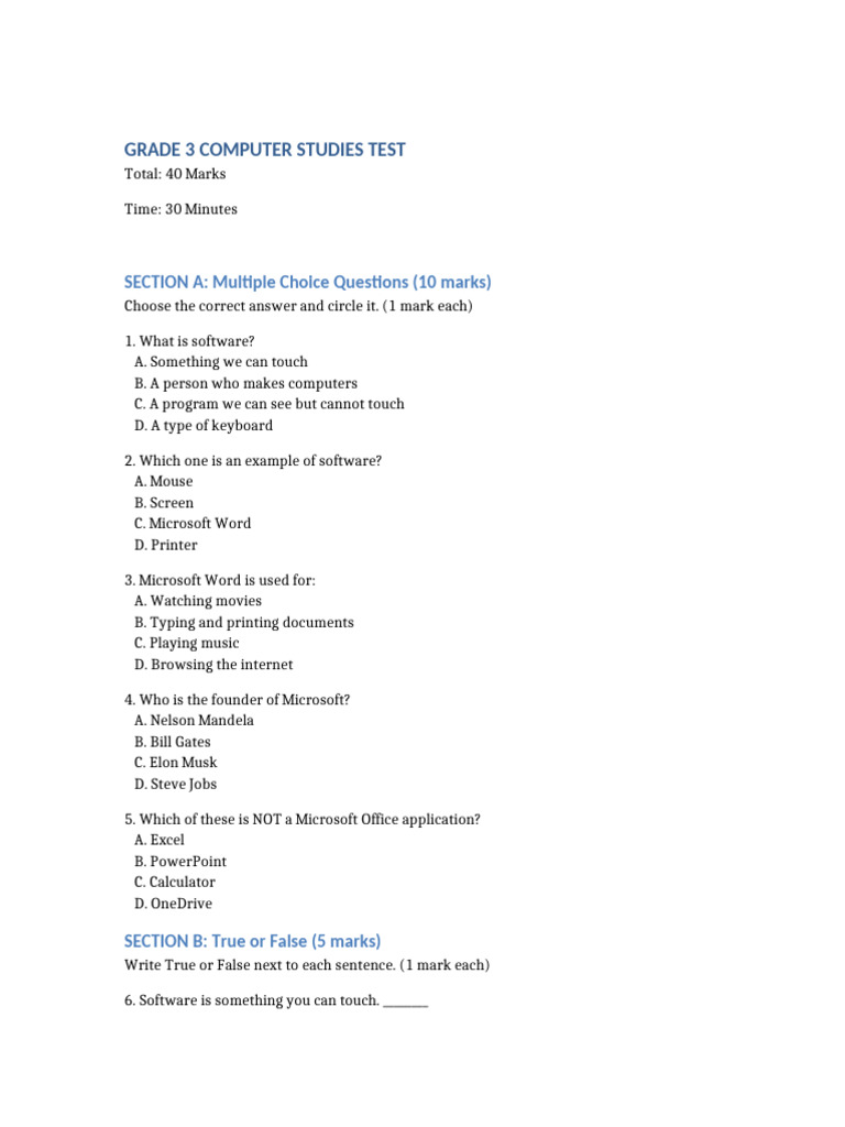 Grade 3 Computer Studies Test | PDF | Microsoft Word | Microsoft