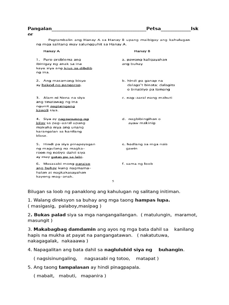 Matalingahagang Salita Seatwork | PDF