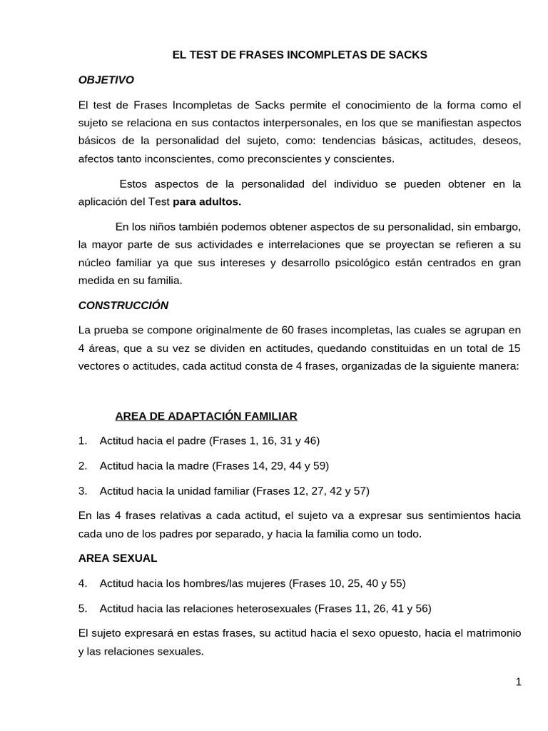 Instructivo Test de Sacks | PDF | Actitud (psicología) | Las emociones