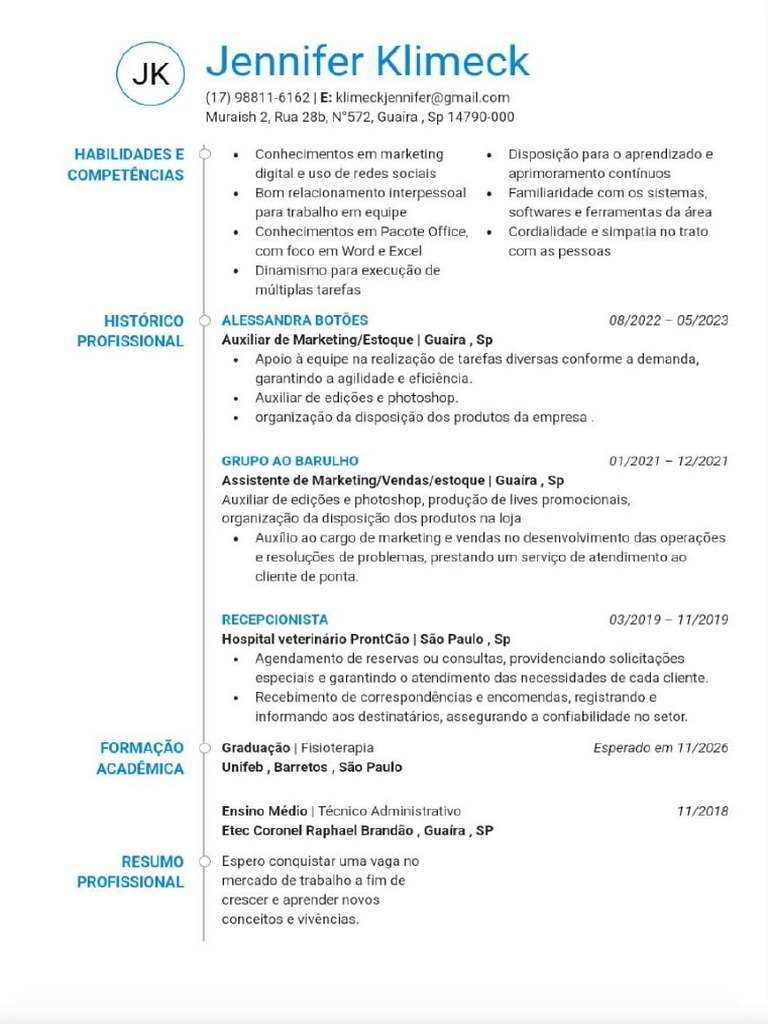 Currículo Jennifer Klimeck PDF | PDF