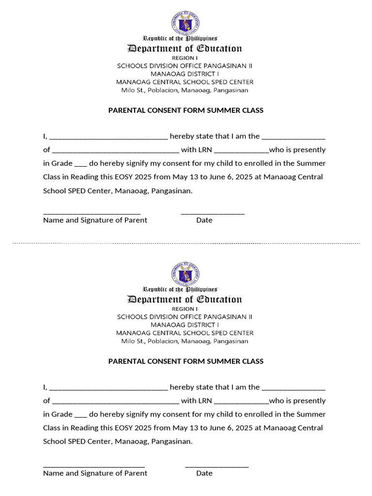 Summer Class Parent Consent Form | PDF