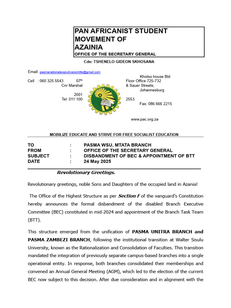 Pasma Wsu Mtata Disbandment of Bec & Appointment of BTT | PDF ...